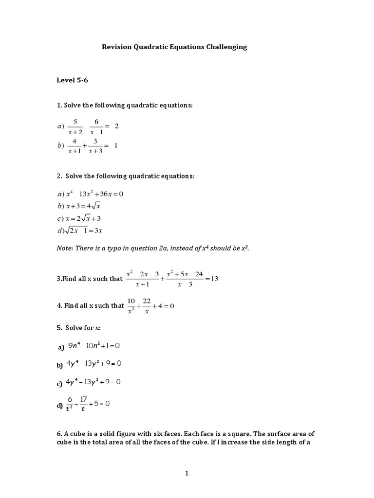 Revision Quadratic Equations Challenging: A) X X B) X X | PDF ...