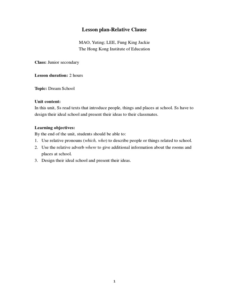 Lesson Plan Relative Clause Junior Secondary1 | PDF | Sentence ...