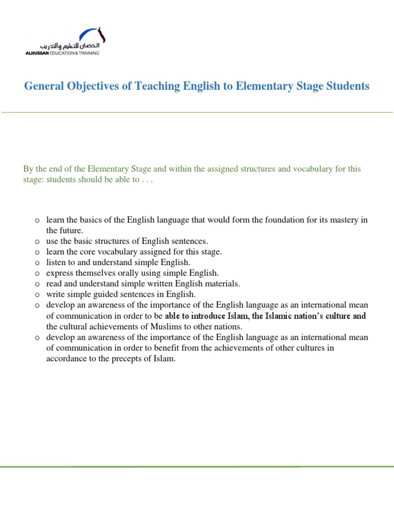 General Objectives of Teaching English To Elementary Stage Students | PDF