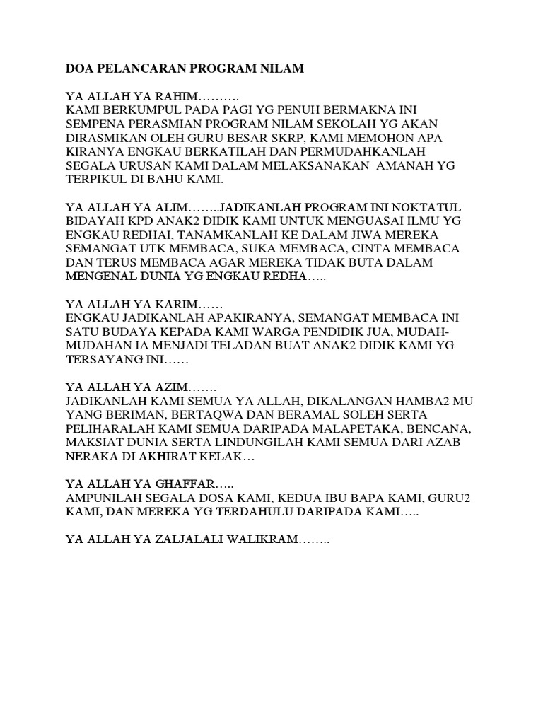 Doa Pelancaran Program Nilam | PDF Doa Pelancaran Program Nilam | PDF