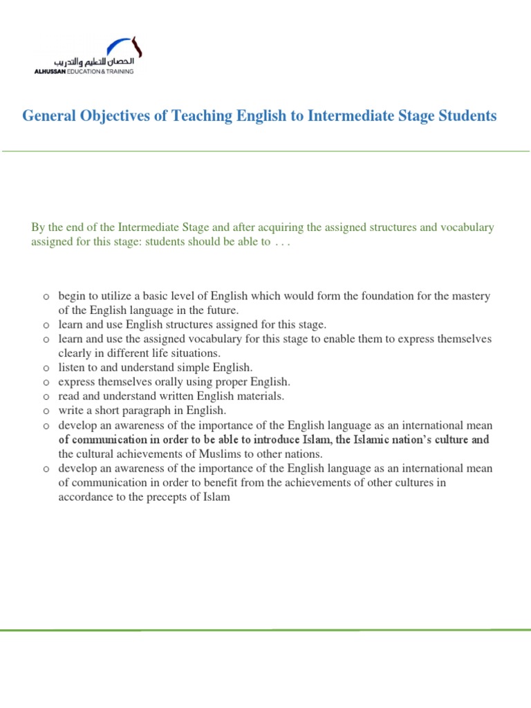 Teaching English Objectives for Intermediates | PDF
