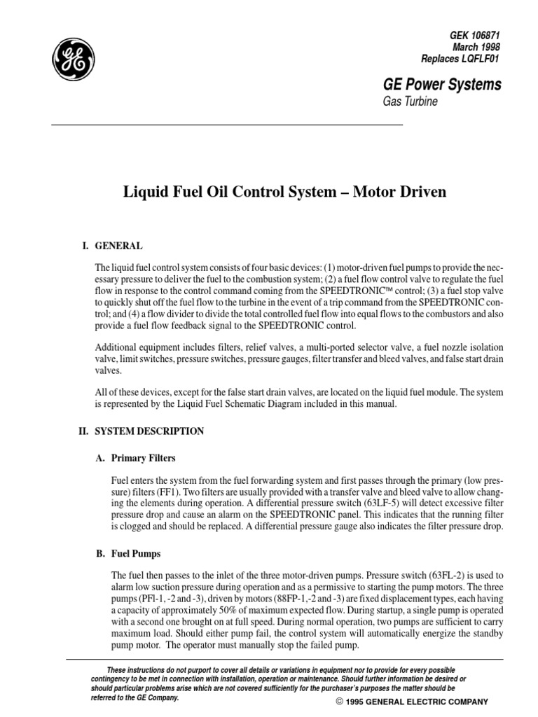 Liquid Fuel Oil Control System - Motor Driven: GE Power Systems | PDF ...