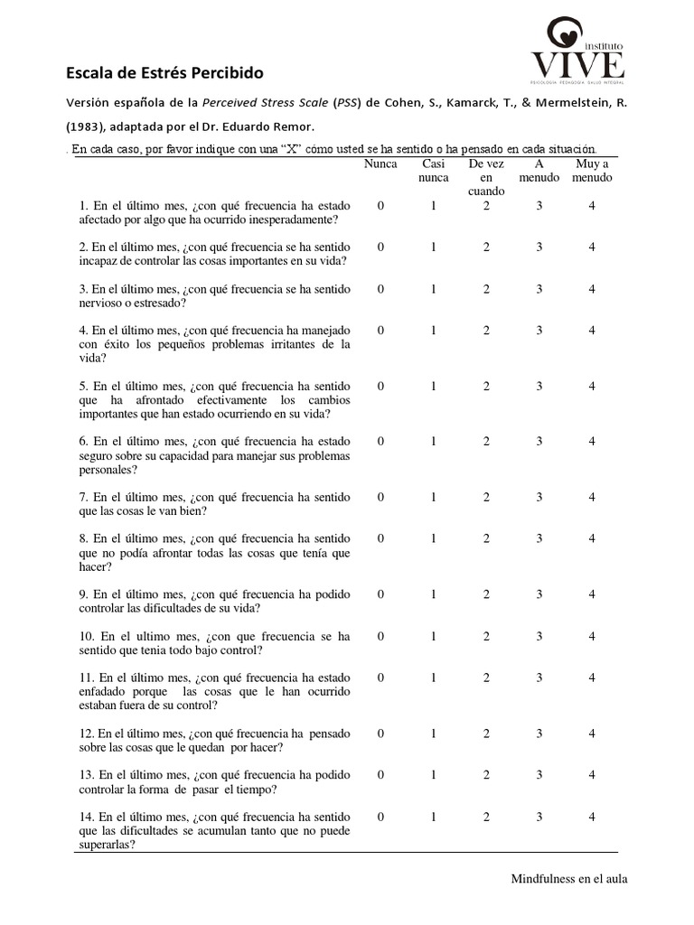 Perceived Stress Scale 2.0 Completa | PDF | Estrés (biología) | Medicina