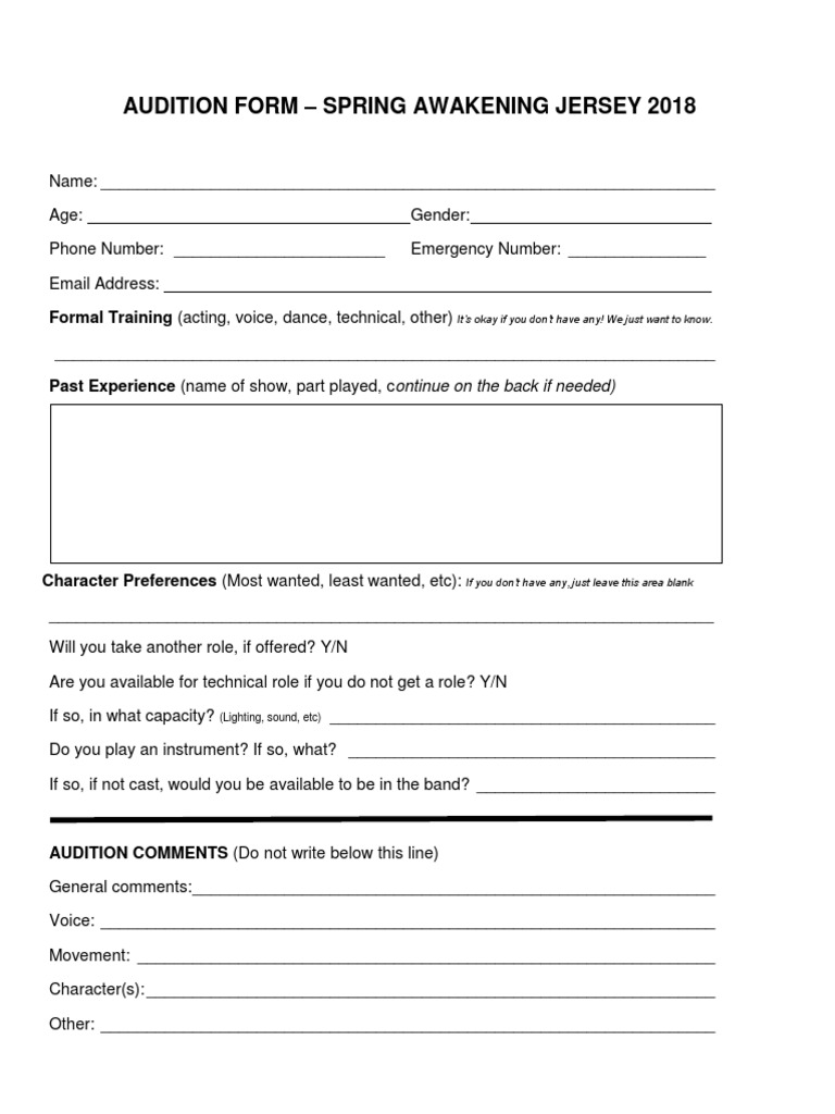 Spring Awakening Audition Form 2018 | PDF