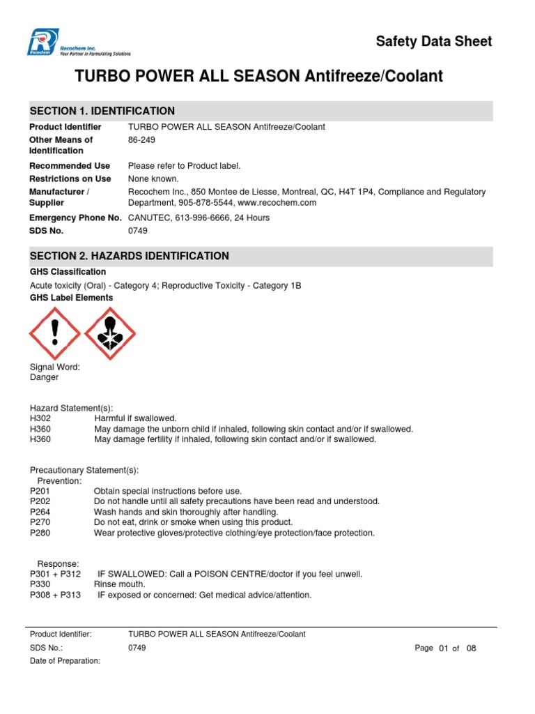 TURBO POWER ALL SEASON Antifreeze/Coolant: Safety Data Sheet | PDF ...