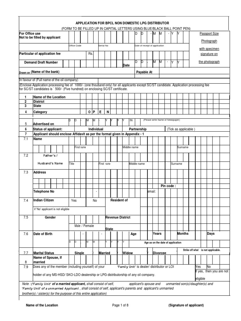 BPCL LPG Distributor Application Form | PDF | Notary Public | Government