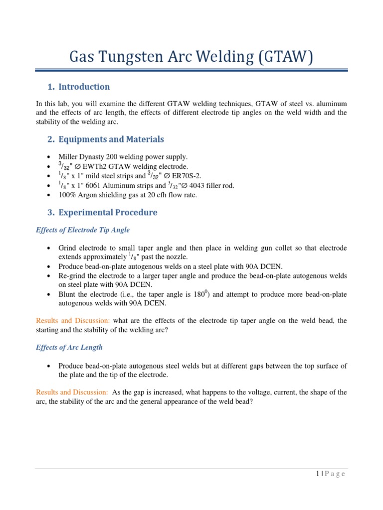 Gas Tungsten Arc Welding (GTAW) : Effects of Electrode Tip Angle ...