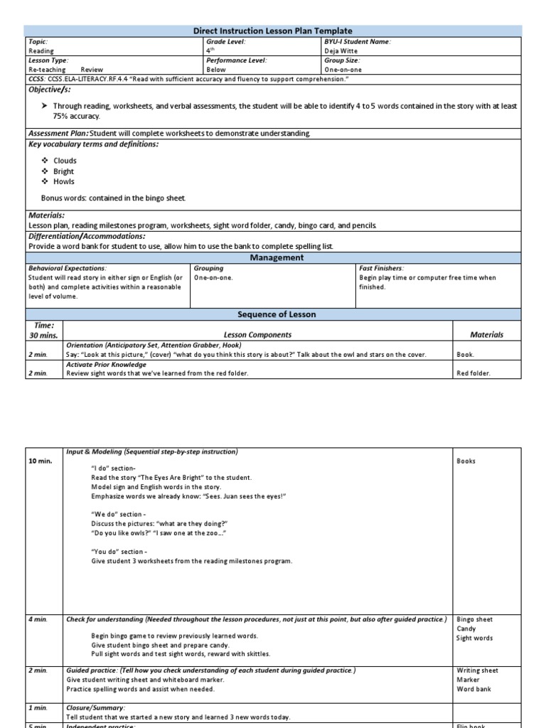 Direct Instruction Lesson Plan Template: Objective/s | PDF | Lesson ...