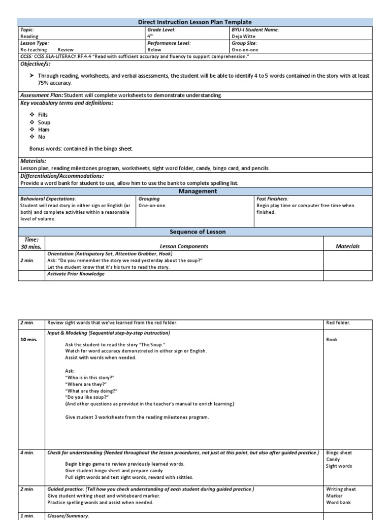 Direct Instruction Lesson Plan Template: Objective/s | PDF | Lesson ...