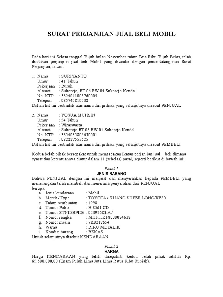 Surat Perjanjian Jual Beli Mobil Bekas - Kumpulan Surat Penting