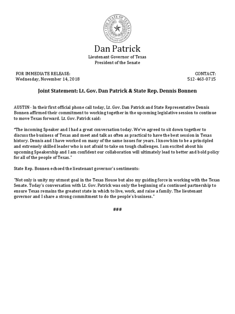 PR 11 14 2018 Joint Statement Lt. Gov. Dan Patrick and State Rep ...