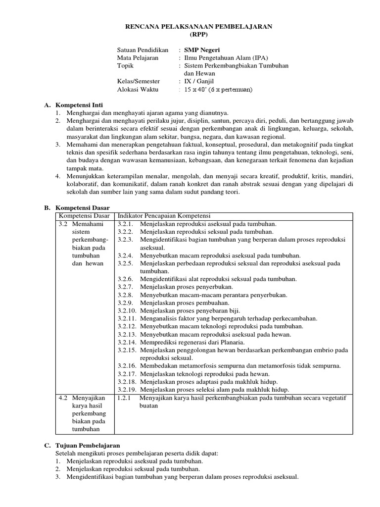 RPP 2 Reproduksi Pada Tumbuhan Dan Hewan | PDF