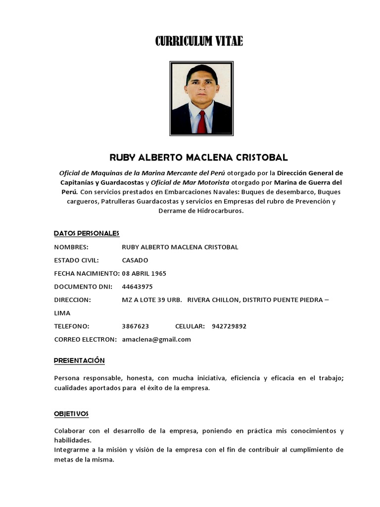 Curriculum Vitae de Ruby Alberto Maclena Cristobal | PDF | guardacostas ...