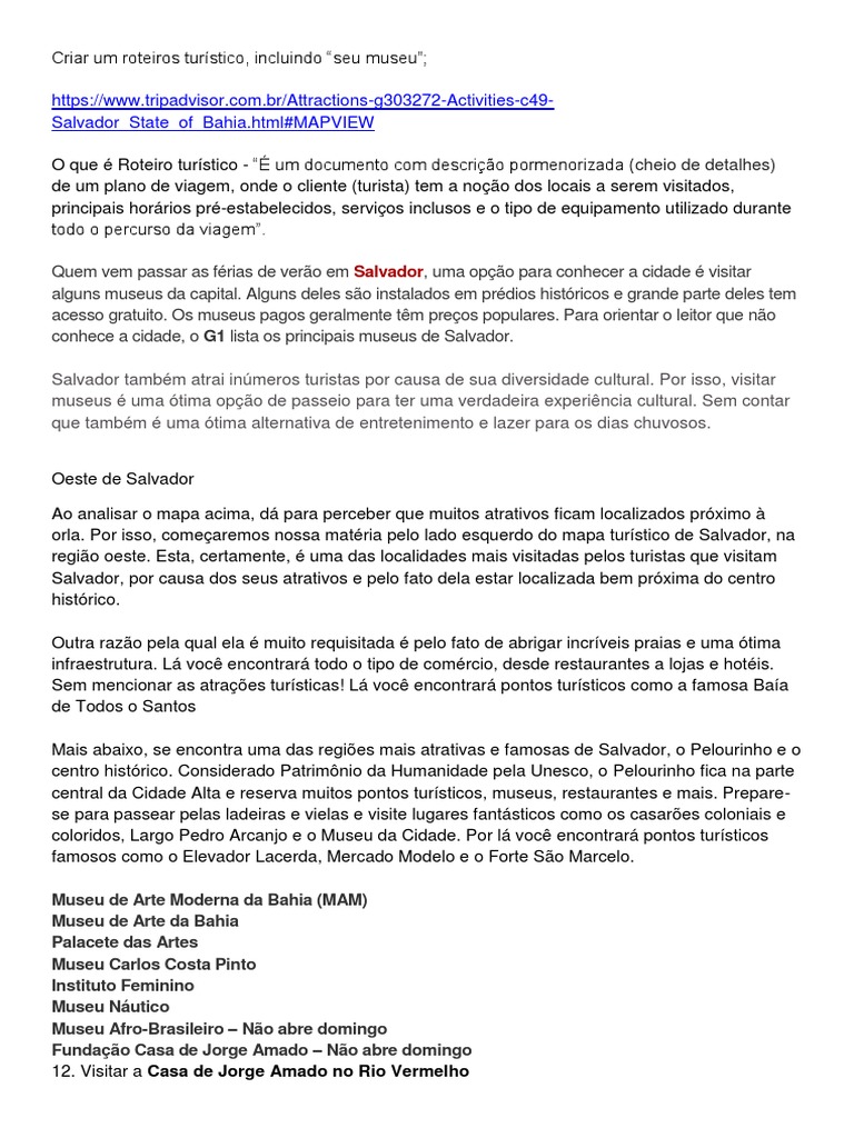 Roteiro Turistico de Salvador | PDF | Turismo | Museu
