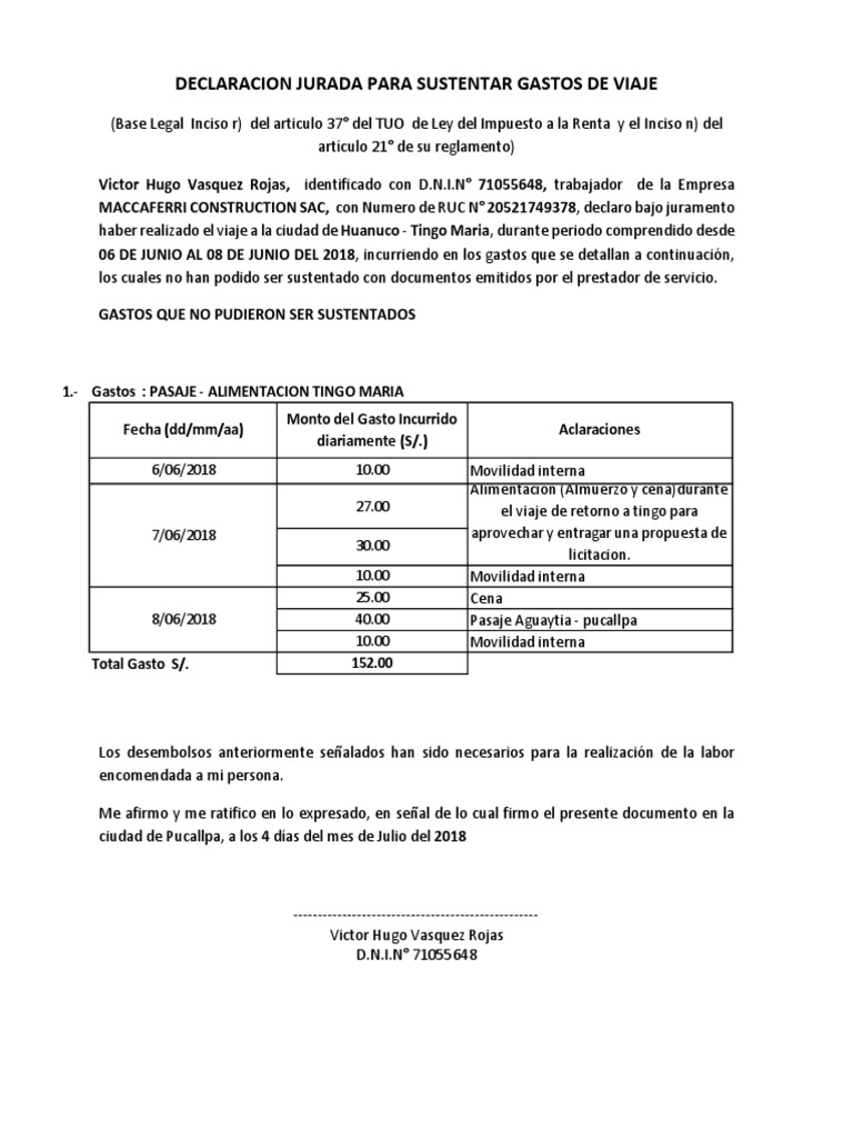 Declaracion Jurada Para Sustentar Gastos De Viaje 0525