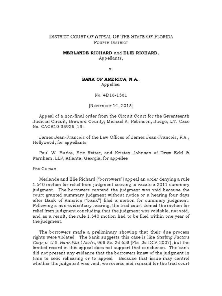 D C O A O T S O F: Merlande Richard and Elie Richard | PDF | Summary Judgment | Default Judgment