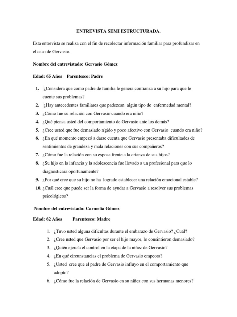 Entrevista Semi Estructurada | PDF | Infancia | Conceptos psicologicos