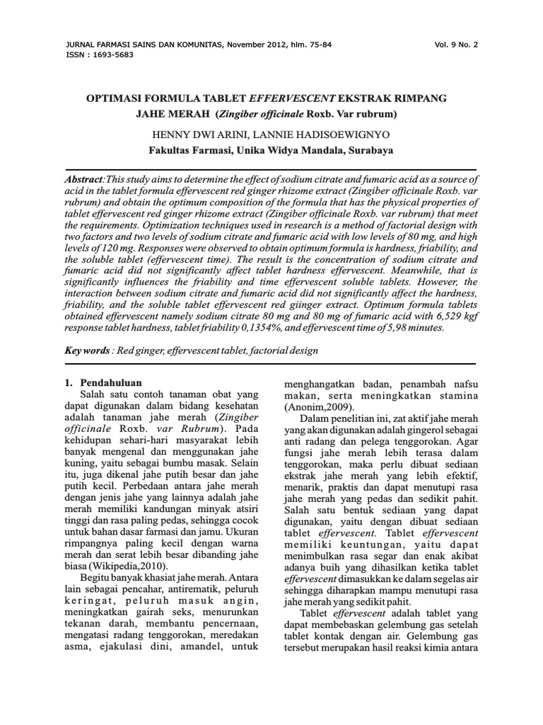 Optimasi Formula Tablet Effervescent Ekstrak Rimpang JAHE MERAH ...