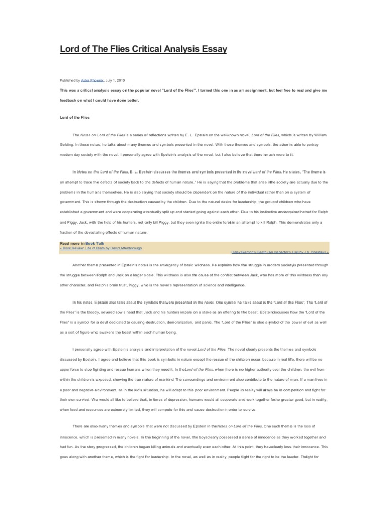 Lord of the Flies Critical Analysis | PDF | Human | Leadership