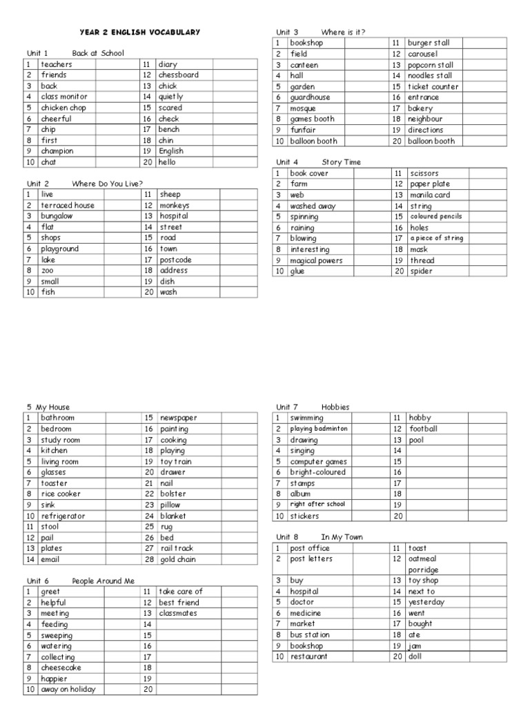 Year 2 English Vocabulary: Coloured Pencils A Piece of String | PDF ...