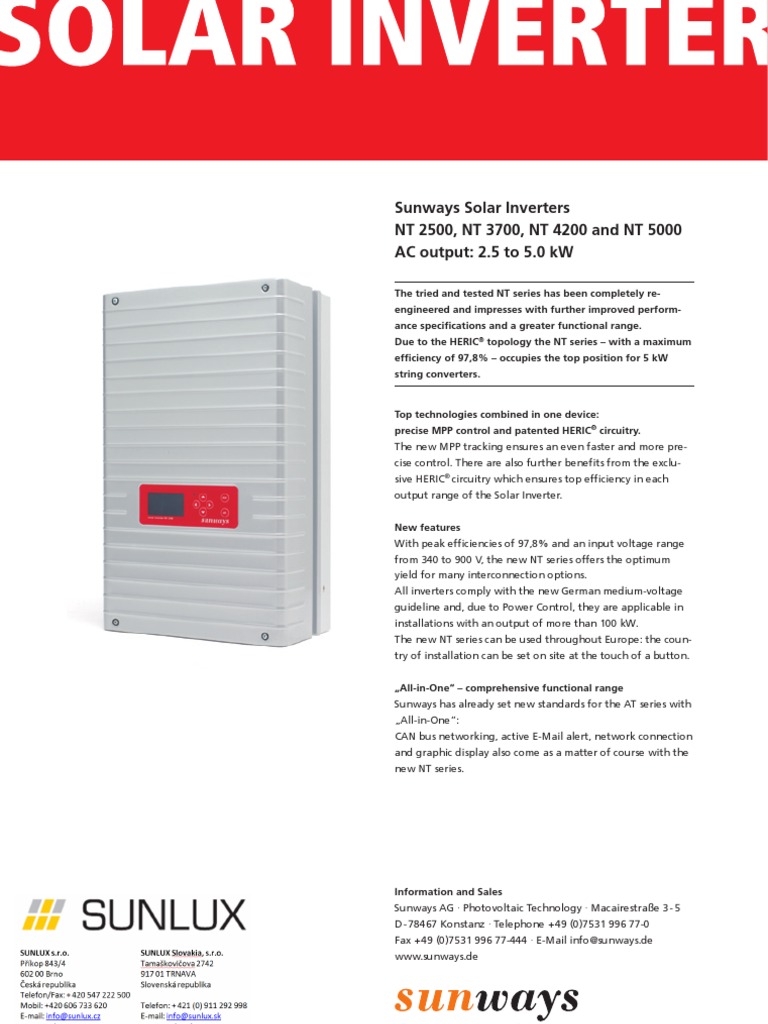 SUNLUX Sunways NT2500 5000 Datasheet en | PDF | Power Inverter | Alternating Current