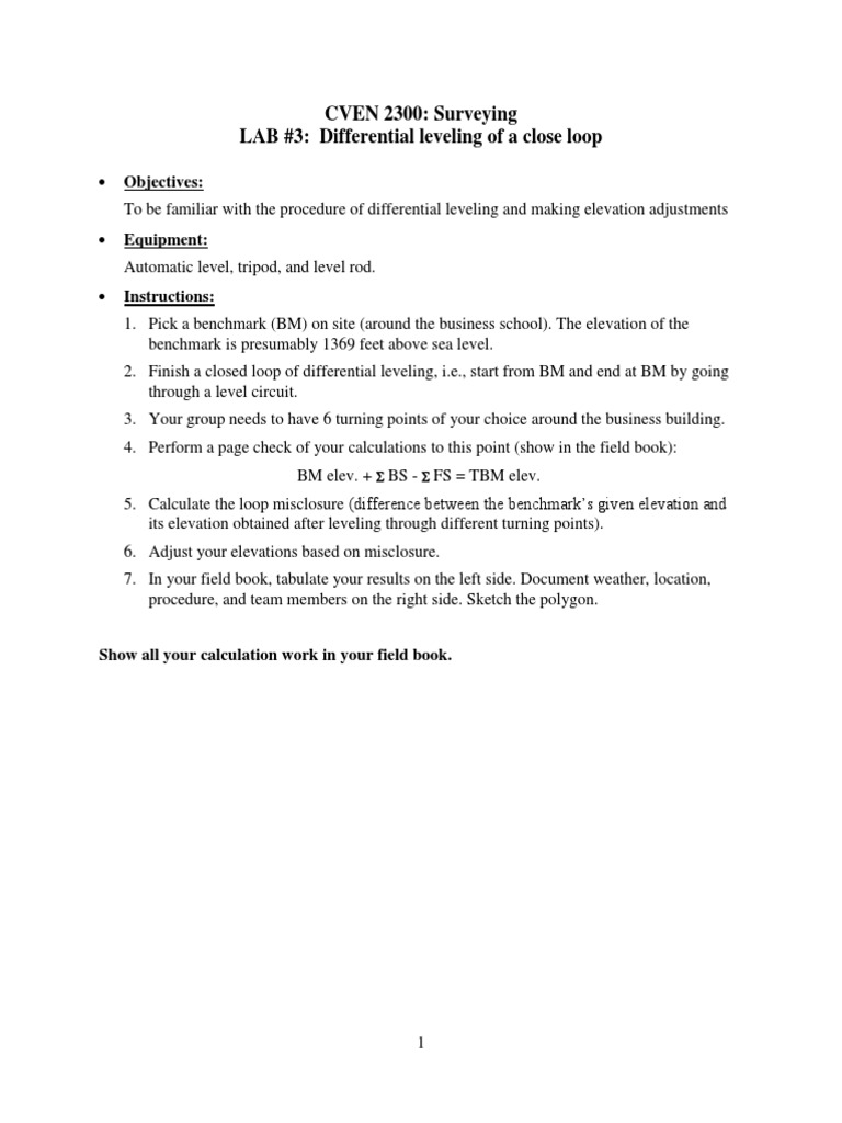 CVEN 2300: Surveying LAB #3: Differential Leveling of A Close Loop | PDF