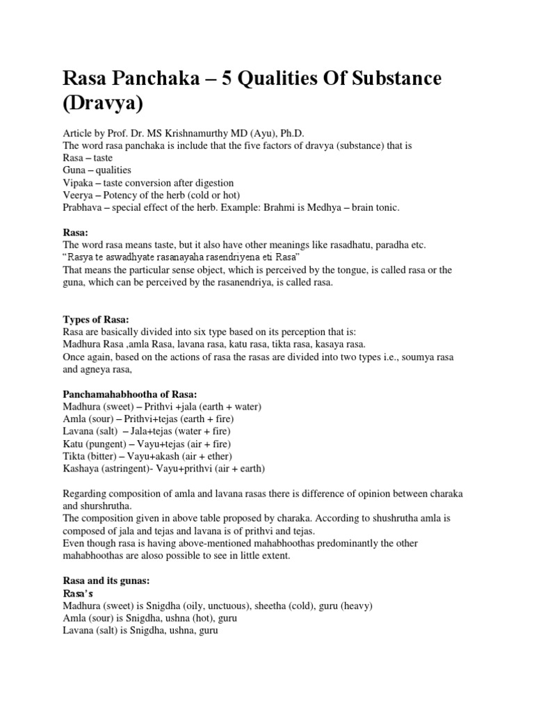 Ayurveda Rasa Panchaka - 5 Qualities of Substance | PDF | Ayurveda | Taste