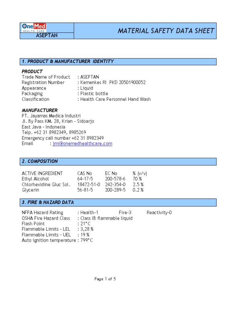 Material Safety Data Sheet: Aseptan | PDF | Firefighting | Dangerous Goods