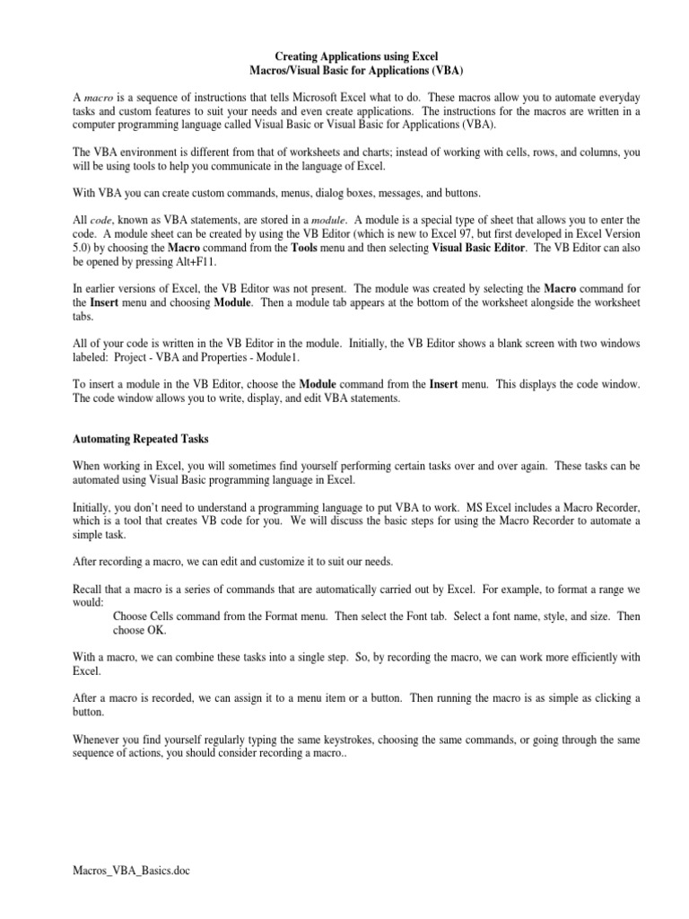 Basics of VBA Macro | PDF | Microsoft Excel | Subroutine