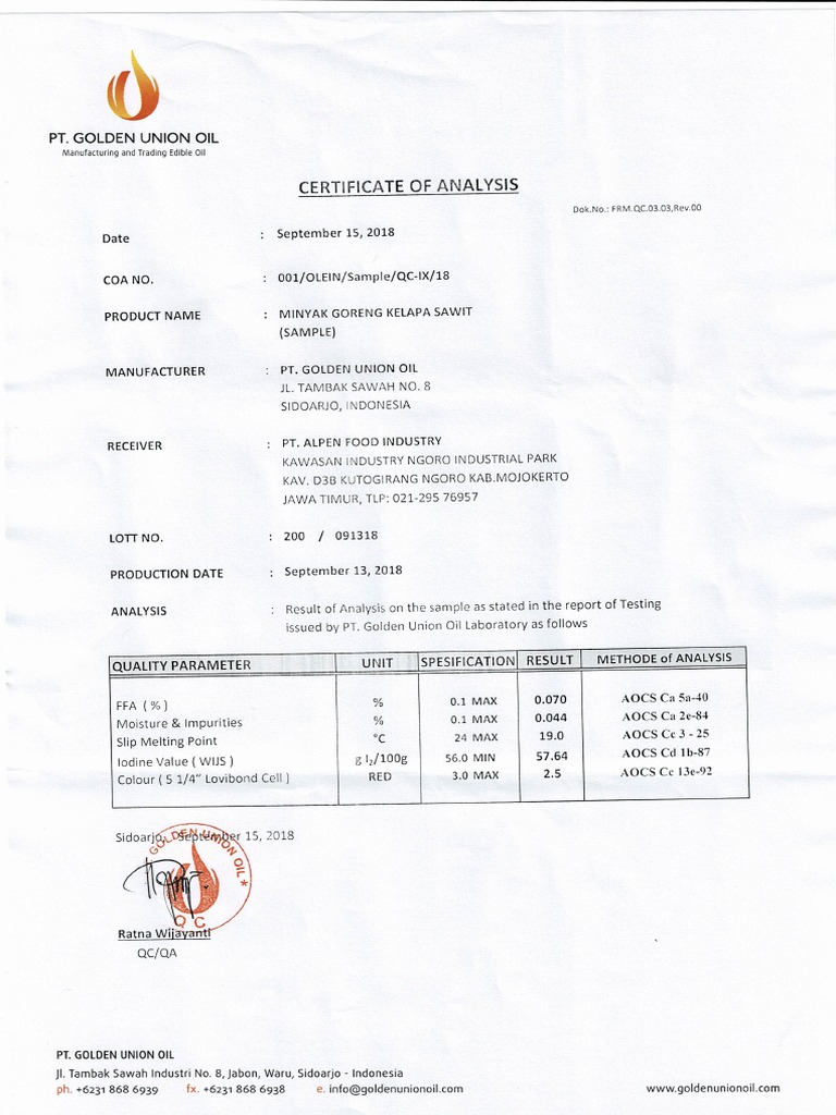 COA Golden Union Oil | PDF