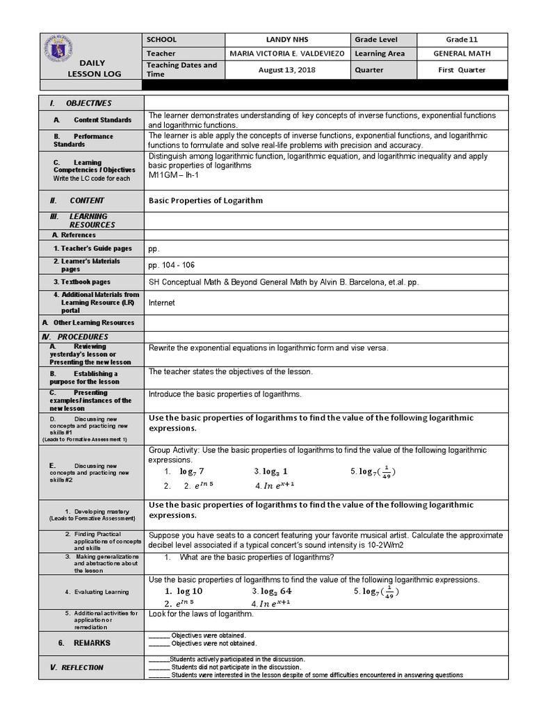 Grade 11 General Math Lesson Plan | PDF | Logarithm | Teachers