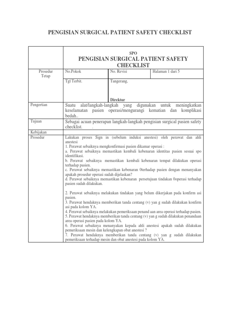 Pengisian Surgical Patient Safety Checklist | PDF