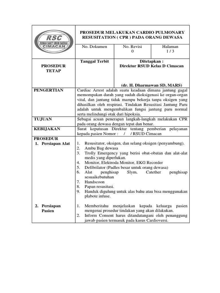 Spo Prosedur Melakukan Cardio Pulmonary Resusitation (CPR) Pada Orang ...