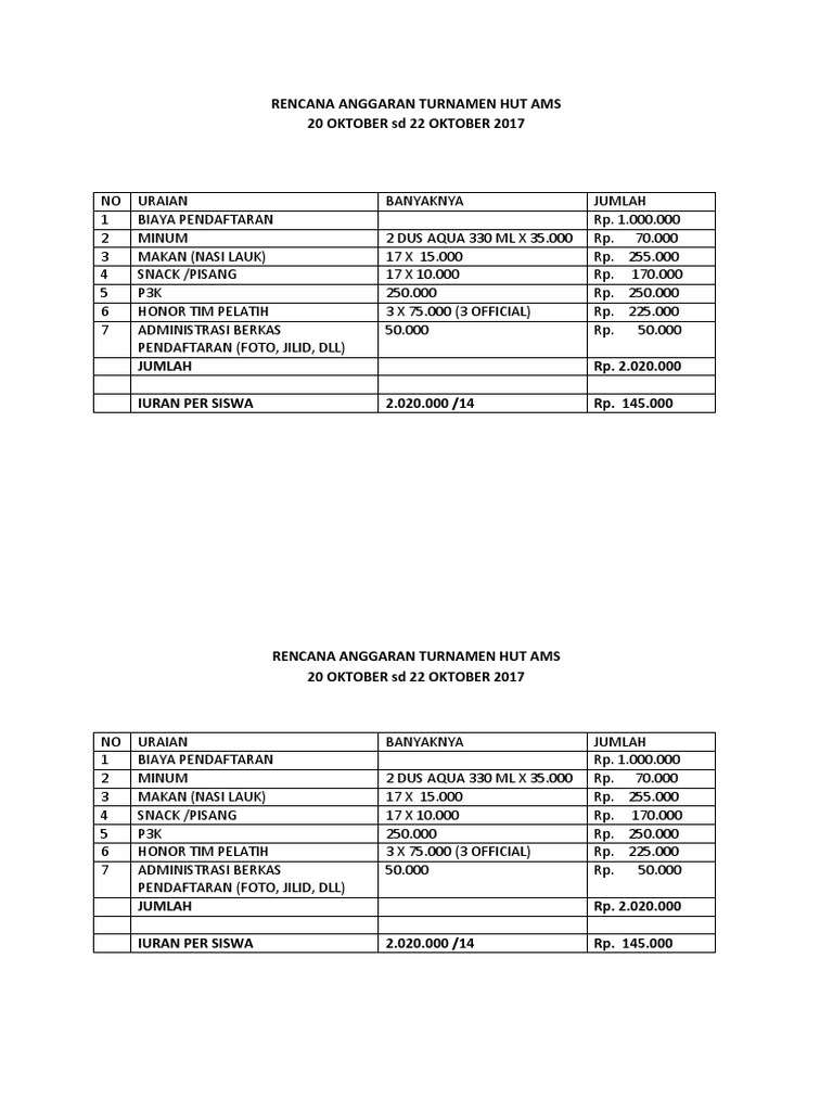 Contoh Anggaran Turnamen | PDF