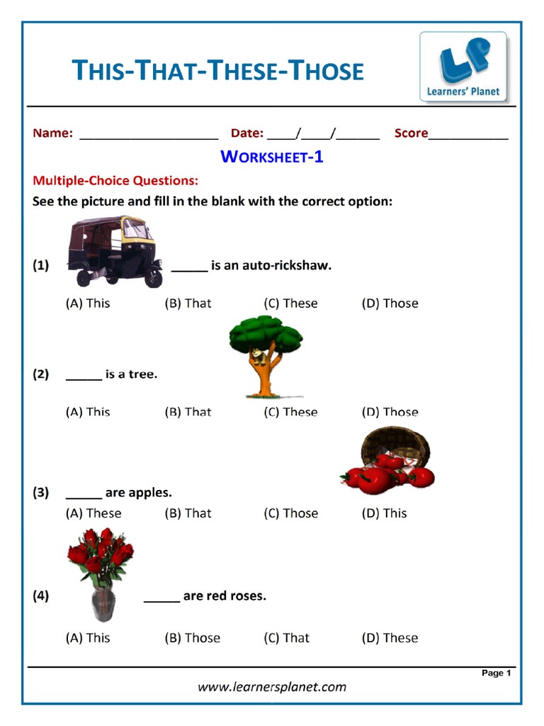Grade 1 English This That These Those Worksheet | PDF