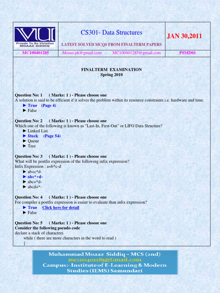 CS301 Data Structures Final Term of 2011 Mcqs Solved With References by ...