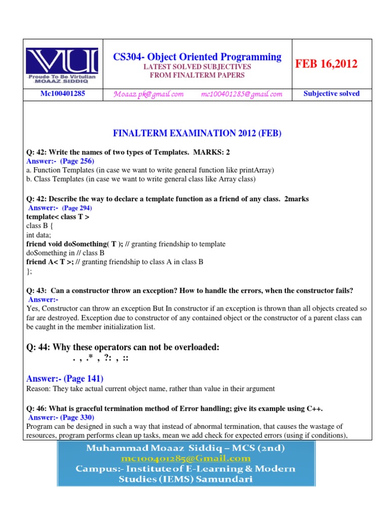 CS304 Object Oriented Programming Final Term of 2012 Subjectives Solved With References by Moaaz ...
