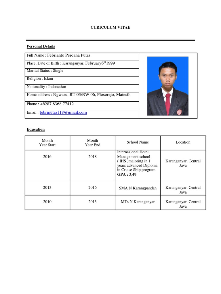 Febrianto Perdana Putra February6 1999: Curiculum Vitae | PDF | Domestic Life | Home