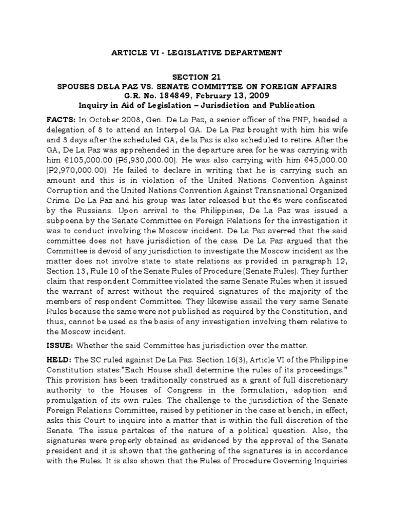 Article 6 - Section 21 - Spouses de La Paz vs. Senate Committee | PDF ...