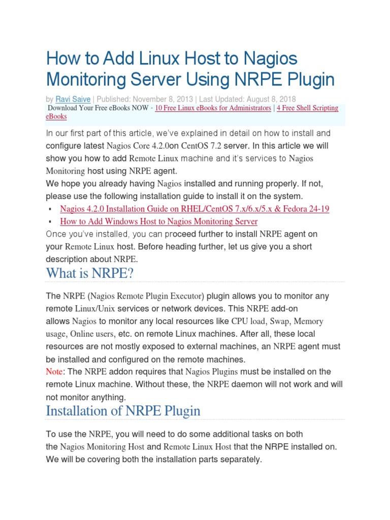 How To Add Linux Host To Nagios Monitoring Server Using Nrpe Plugin Pdf Computer