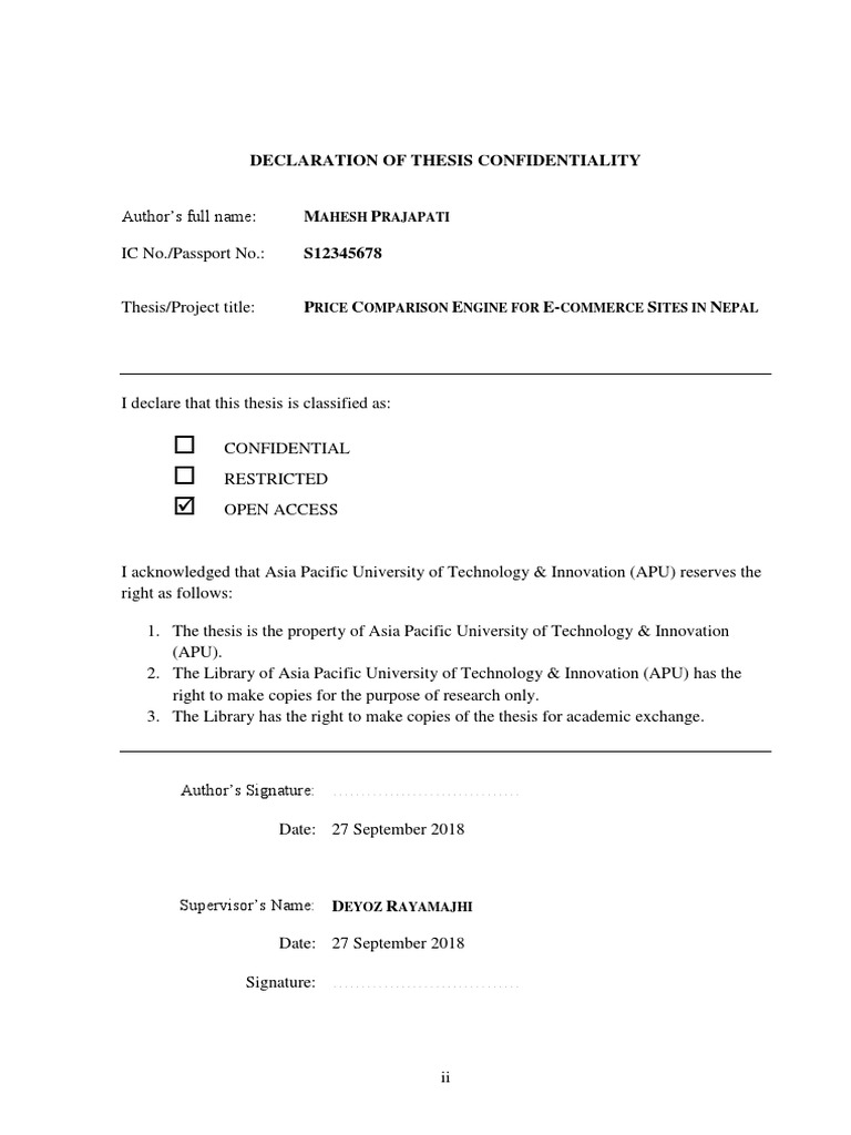 Declaration of Thesis Confidentiality: Ahesh Rajapati | PDF