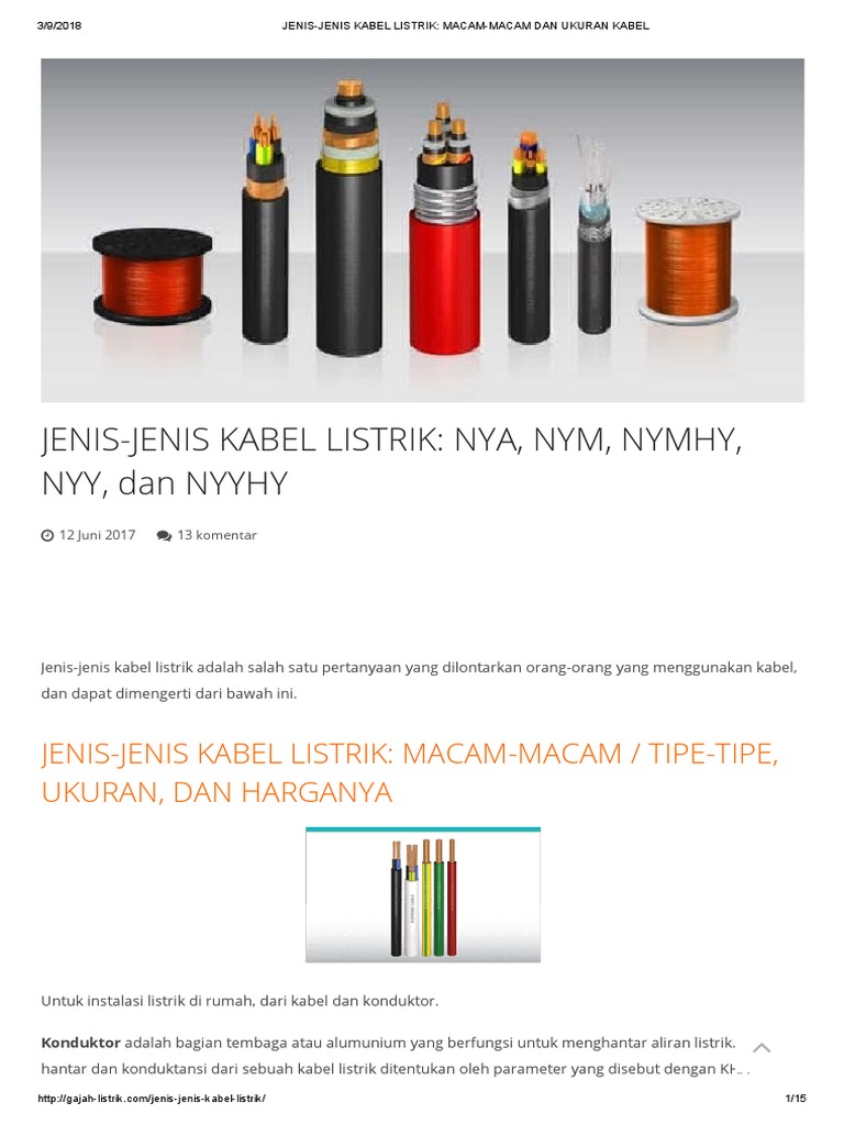Jenis-Jenis Kabel Listrik - Macam-Macam Dan Ukuran Kabel | PDF