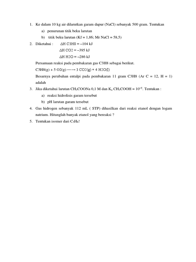 Soal Kimia Esay Kelas 12 | PDF | Sains & Matematika