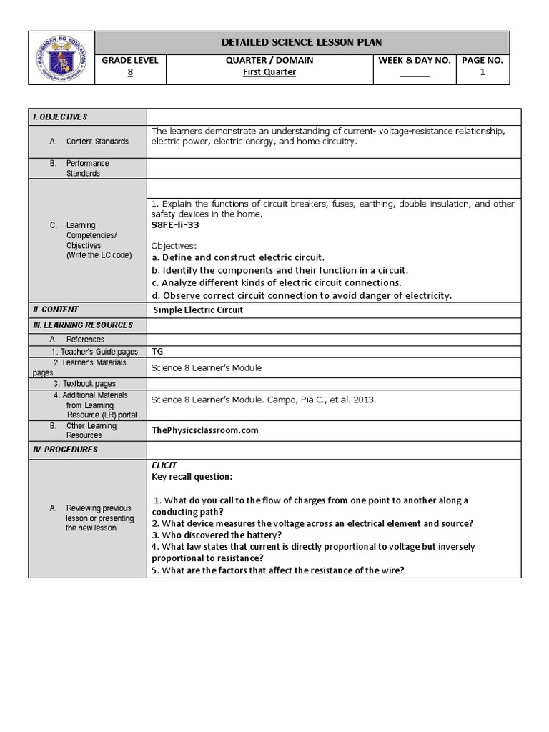 Grade 8 Lesson Plan: Electric Circuits | PDF | Electrical Network ...