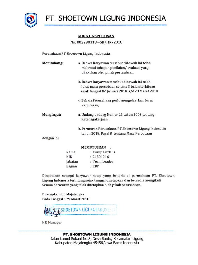Contoh Surat Keputusan Karyawan Tetap | PDF