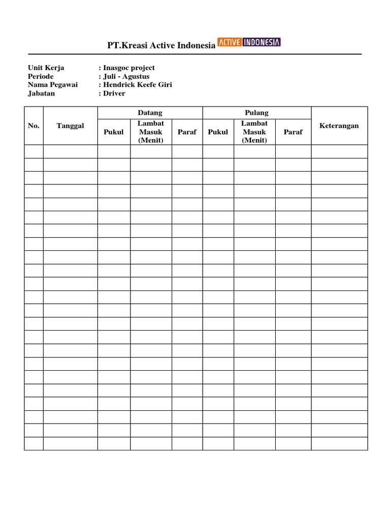 Form Absen Manual Karyawan Driver | PDF