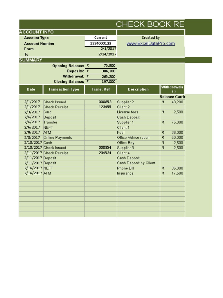 Check Book Register: Account Info | PDF | Cheque | Deposit Account