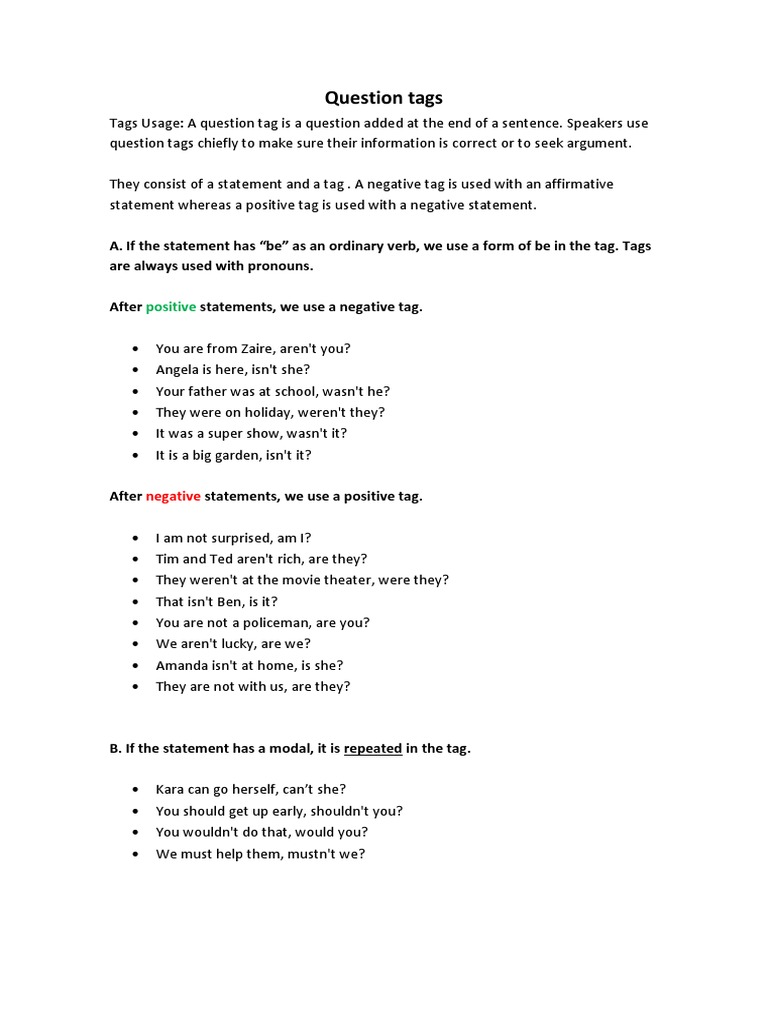 Question Tags Exercises & Theory | PDF | Question | Grammar