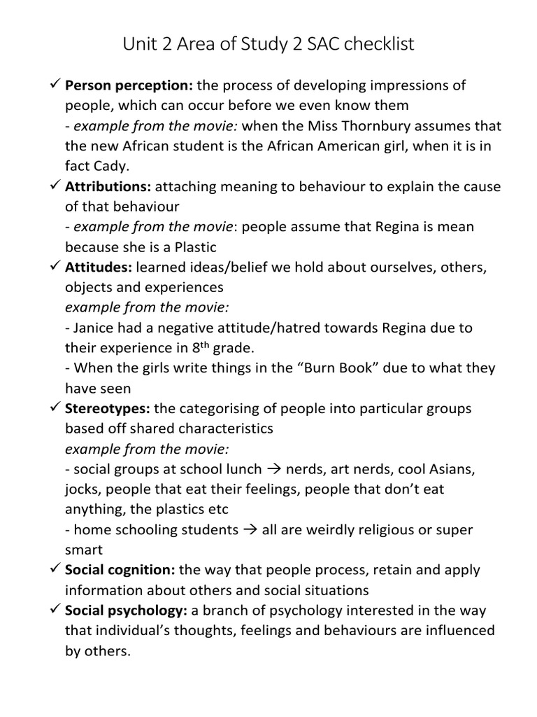 Unit 2 Area of Study 2 SAC Checklist: Example From The Movie | PDF ...
