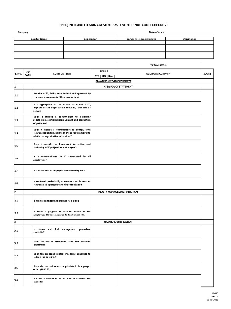 Hseq Integrated Management System Internal Audit Checklist | PDF ...
